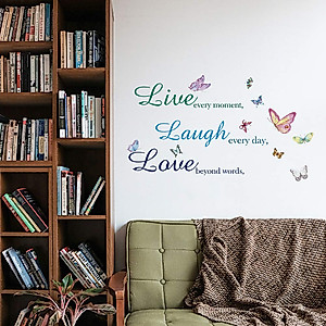 Family Inspirational Quotes Vinyl Wall Decal Stickers Live Every Moment, Laugh Every Day, Love Beyond Words, Family Decor Removable Vinyl for Kids Room Living Room Bedroom (11.8''×23.6'')