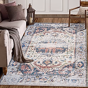 RUGSREAL Washable Rug for Living Room 5x7 Vintage Distressed Carpet Oriental Area Rug Foldable Non-Slip Low-Pile Area Rug Boho Rug for Bedroom Dining Room Home Office, 5' x 7' Blue/Red
