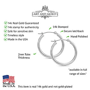 14k White Gold Polished Real Gold Hoop Earrings, Plain Round White Gold Hoop Earrings for Women, 14kt Real Gold 16mm (0.63 inch)