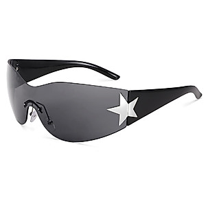 Rimless Y2K Sunglasses for Women Men,Trendy Shield Wrap Around Sunglasses Oversized Fashion Frameless Sun Glasses Eyewear Y2K Shades-Black/Grey