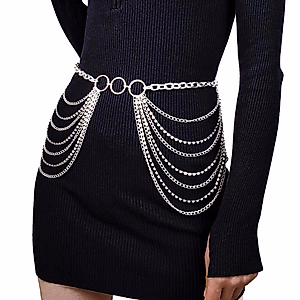 Cosydays Punk Rhinestone Waist Chain Belt Harness Body Chain Crystal Layered Beach Bikini Chain Belly Chain Jewelry for Women and Girls (A-Silver)