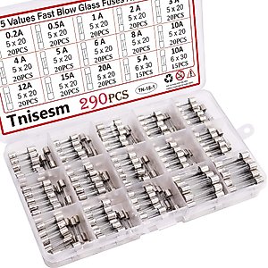 Tnisesm 290 Pcs Fast Blow Glass Fuses Assortment Kit 0.2A, 0.5A, 1A, 2A, 3A, 4A, 5A, 6A, 8A, 10A, 12A, 15A, 20A 5 x 20mm, 5A, 10A, 6 x 30mm 15 Values 250V with Plastic Box Tn-18-1