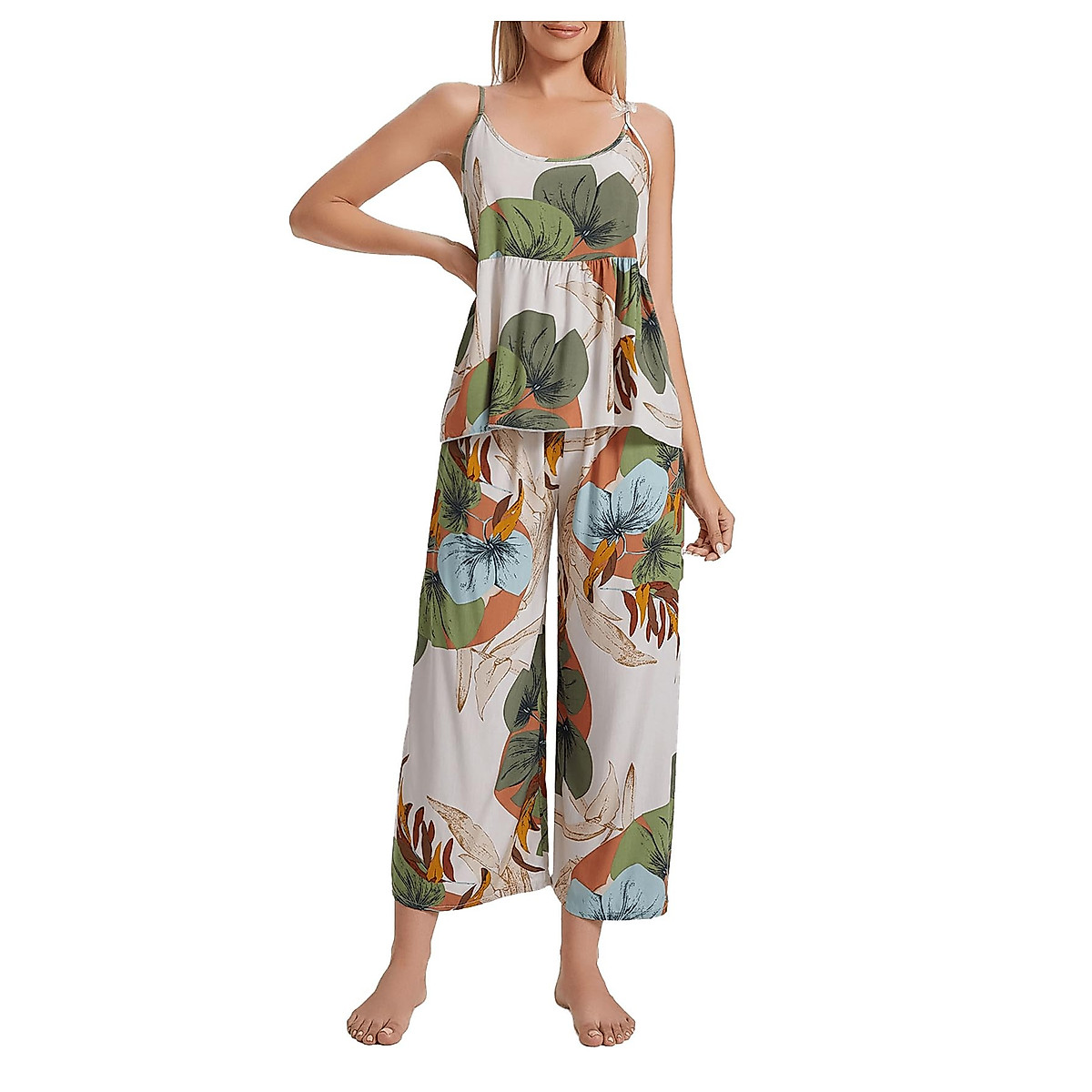 WDIRARA Women's 3 pcs Sleepwear Leaf Print Cami and Pants Pajama Set with Robe Multicolor S