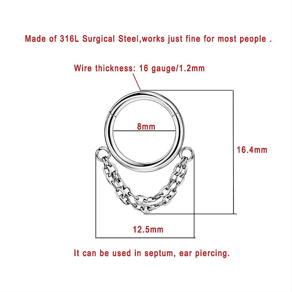 FANSING Surgical Steel Cartilage Earring Hoop 8mm Helix Hoop Double Chain Piercing Jewelry Silver Ear Lobe Piercing Earrings 16g 8mm Piercing Hoop