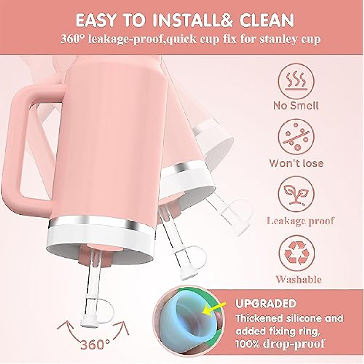 6 PCS Stanley Silicone Spill leak Stopper Set of 4, for Stanley Cup 1.0 40oz/ 30oz, Tumbler Accessories,2 Straw Cover Cap, 2 Square Spill Stopper and 2 Round Leak Stopper(NOT INCLUDE CUP)