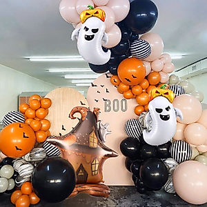 Halloween Balloon Garland Arch Kit, 147pcs Orange Black Sand White Balloons with Large Szie Ghost Foil Balloons Self-Standing Haunted House Mylar Balloons for Halloween Party Little Boo Party Decor