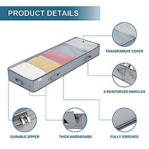 Under Bed Storage Containers, 2 Pack Under the Bed Bags with Dividers, Clear Foldable Underbed Storage Bins, Under Bed Organizer for Clothes Sheet Blankets, Firm Sides, Bottom Support, 47.5x16x6in