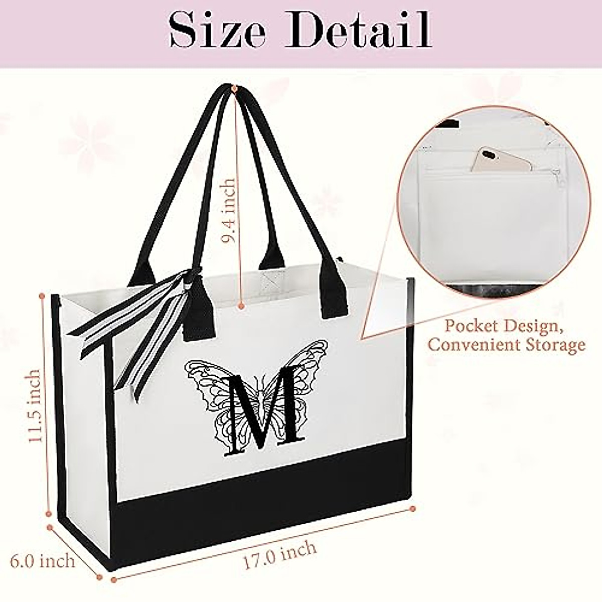 Nuberlic Monogram Letter M Initial Personalized Canvas Tote Bag for Women Butterfly Pattern Reusable Grocery Bags Wedding Birthday Gift