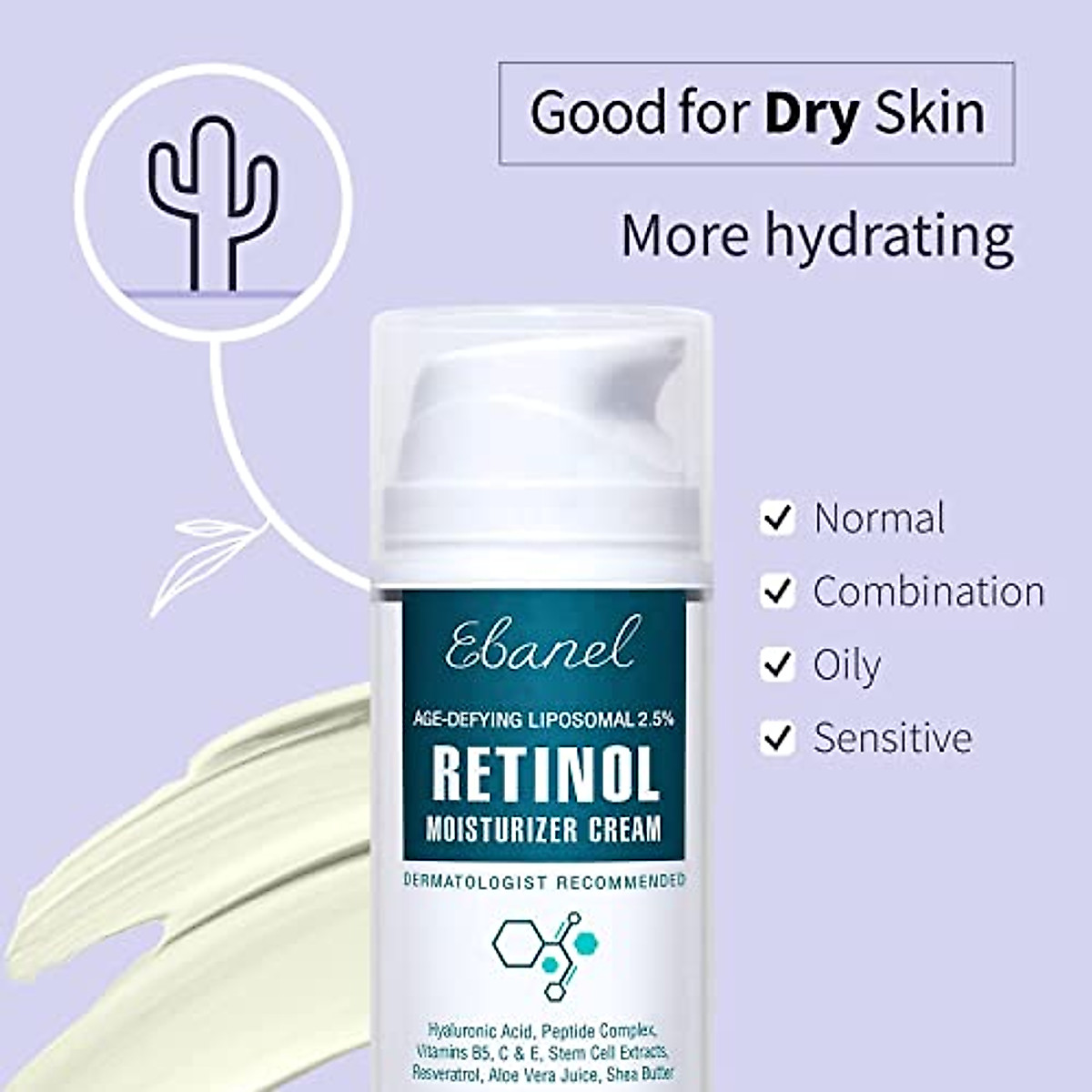 Ebanel 2.5% Retinol Cream for Face Moisturizer with Peptide, Hyaluronic Acid, Anti Aging Wrinkle Night Cream, Skin Tightening Firming Cream for Face and Neck, Minimizes Dark Spot, Age Spot, Acne Scar