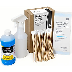 Chlorhexidine for Dogs 2% Solution Spray Set - Pint (473 mL) with Bottle (16 oz) + Trigger Sprayer & 100 (6") Cotton Applicator Tips - Helps Itching, Hot Spots, Irritation, Allergies & Sensitive Skin