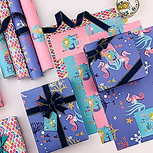 MAMUNU Gift Wrapping Paper Set Girls, 8 Sheets Mermaid Wrapping Paper with Stickers, Colorful Pink Kraft Wrapping Paper for Girls Women Kids Birthday Baby Shower Holiday Party, 20x27 Inch Per Sheet