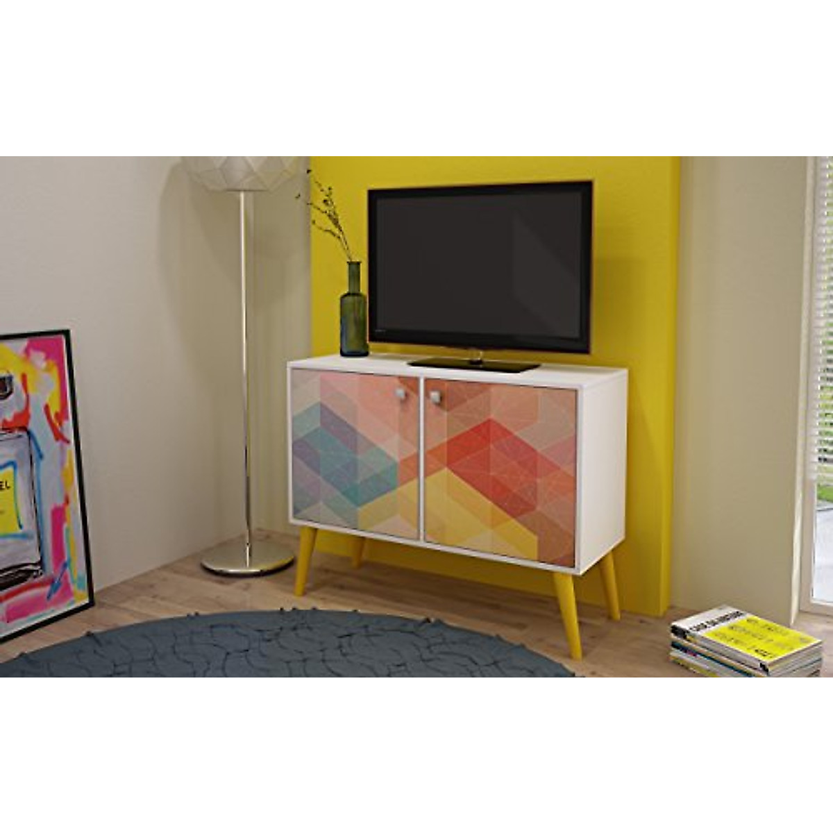 Manhattan Comfort Avesta Double Side Table 2.0 Collection Free Standing Modern Side Table / TV Stand with Storage Includes 2 Doors with 3 Shelves and Features Splayed Legs, White/Stamp/Grey Legs