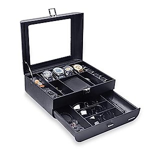 Homde Fathers Day Gifts - Watch Box Arc Display Case Carbon Fiber Jewelry Organizer Luxury Sunglasses Holder with Drawer, Glass Top and Lock for Men Women