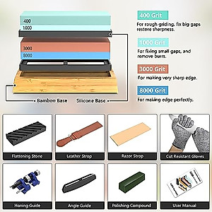 Knife Sharpening Stone Set, Premium 4 Side Grit 400/1000 3000/8000 Whetstone Sharpener Kit with Cut Resistant Gloves,Bamboo Base,Flattening Stone,Angle Guide,Honing Guide,Leather Strop,Razor Strop
