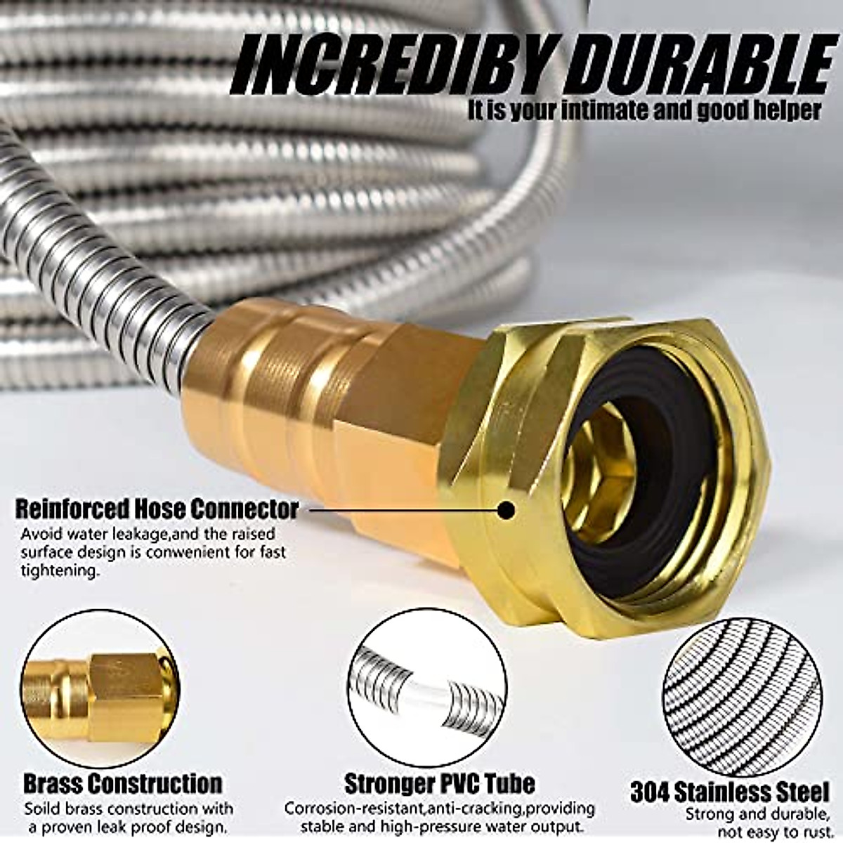 Metal Garden Hose 75FT Heavy Duty Lightweight 304 Stainless Steel Metal Water Hose with Brass Nozzle,Durable Fittings,No Kink & Tangle,Puncture Resistant,for Outdoor, Yard,Lightweight (75ft)