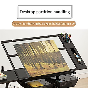 Drawing Table Glass Drafting Table Desk, Height Adjustable Drafting Table, 0-50°Tilting Drawing Desk, Artist Desk Study Table with 2 Slide Drawers for Reading, Writing Art Craft Work Station beautiful