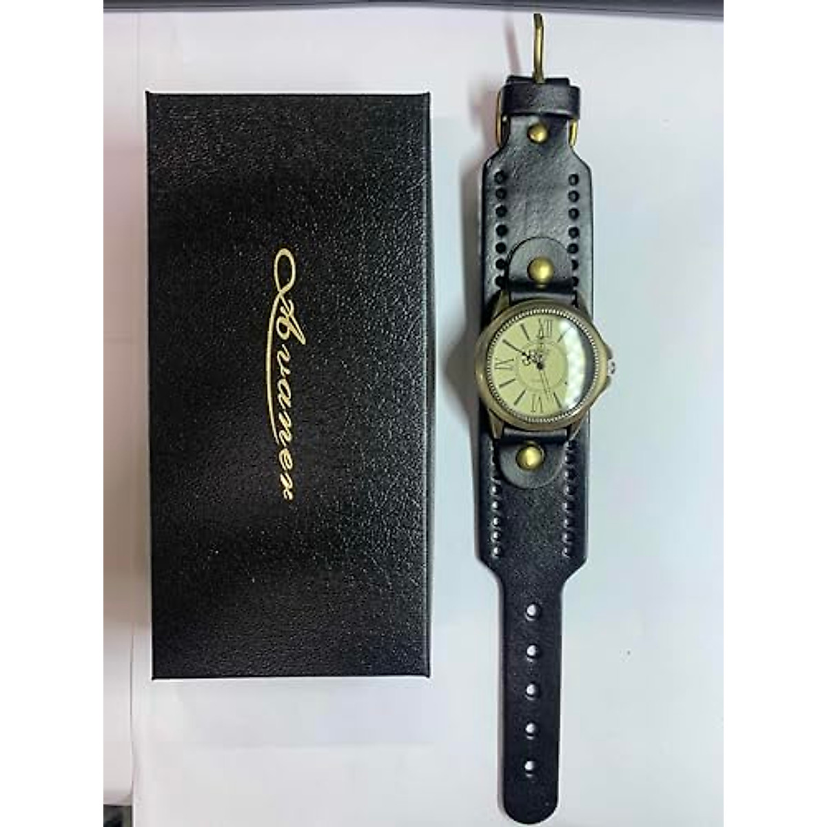 Avaner Unisex Punk Retro Bronze Round Dial Black Wide Leather Belt Strap Cuff Bracelet Roman Numerals Analog Quartz Wrist Watches