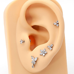 Designfy 14K White Gold Threadless Earring Top Push in Triple Clear CZ Flat Back Nose Stud Threadless Cartilage Earring Helix Stud Tragus Piercing Jewelry for Women Men 6mm