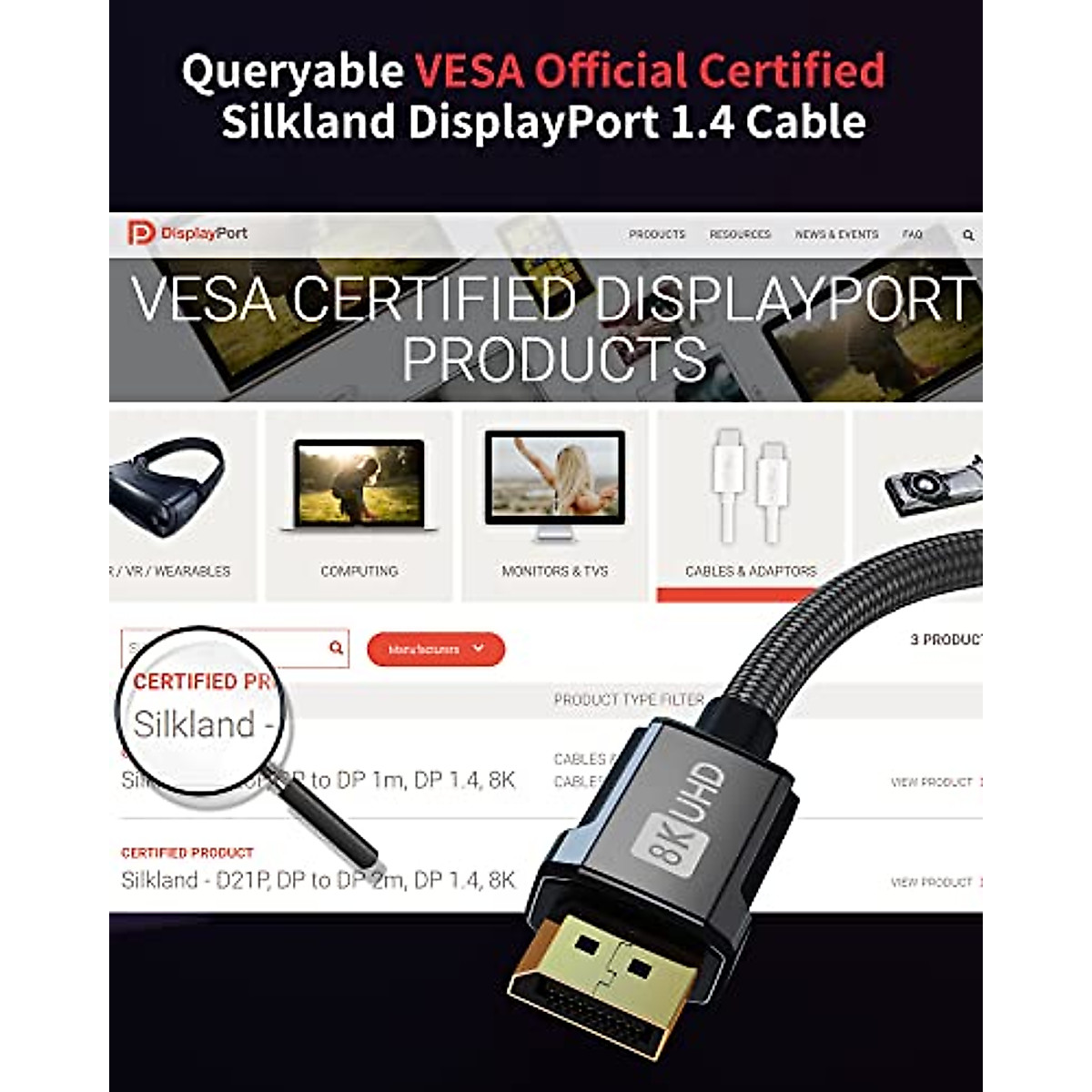 Silkland [VESA Certified 8K DisplayPort Cable 1.4 240Hz, DP Cable [8K@60Hz, 4K@144Hz, 2K@240Hz 165Hz], Braided High Speed Display Port Cord, Compatible for Laptop FreeSync G-Sync Gaming Monitor 6.6FT