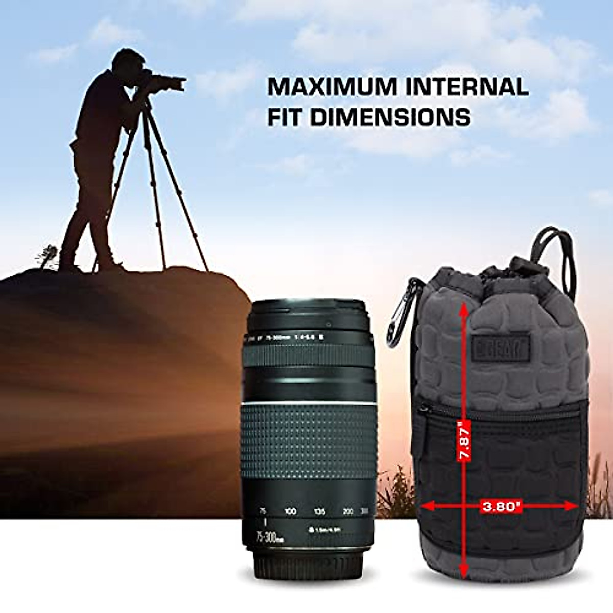 USA GEAR FlexARMOR-X Large Lens Case Pouch with Deluxe Padded Neoprene Protection - Holds Lens up to 70-300mm with Drawstring Opening, Built-in Carabiner Clip, Reinforced Belt Loop and Zippered Pocket