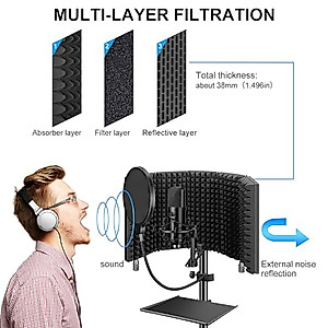 Aokeo Studio Recording Microphone Isolation Shield with Pop Filter & Tripod Stand, High Density Absorbent Foam to Filter Vocal, Foldable Sound Shield for Blue Yeti and Condenser Microphones