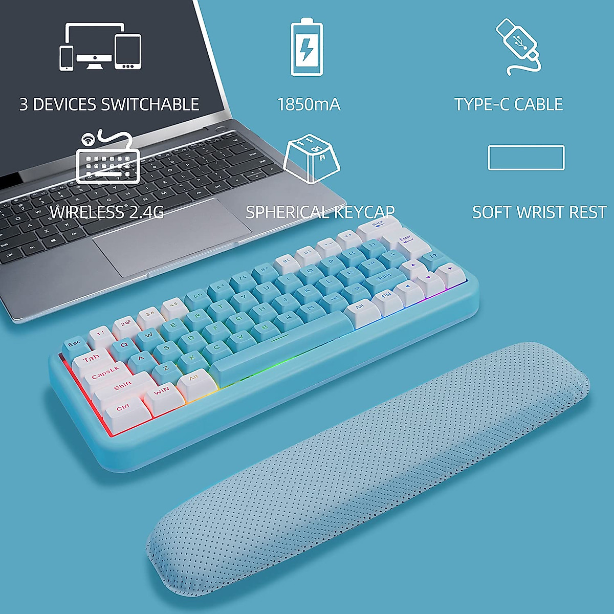 60% Wireless Gaming Keyboard,Rechargeable RGB Backlit Keyboard with Hand Rest,2.4G USB Connection,Compact 63-Key Quiet Computer Office Keyboards for PC Windows Desktop Laptop Mac Smart TV Box (Blue)