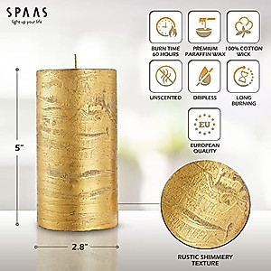 SPAAS Rustic Gold Pillar Candles - 2.8" X 5" Decorative Gold Candles - 2 Pack Metallic Pillar Candles ​- Dripless Unscented Rustic Pillar Candles for Home Decoration, Party, Wedding, and Holiday