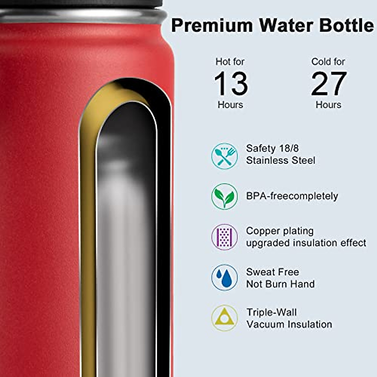 koodee Kids Water Bottle Stainless Steel Double Wall Vacuum Insulated Wide Mouth Flask, 16 oz Water Bottle for School (Canyon Red)