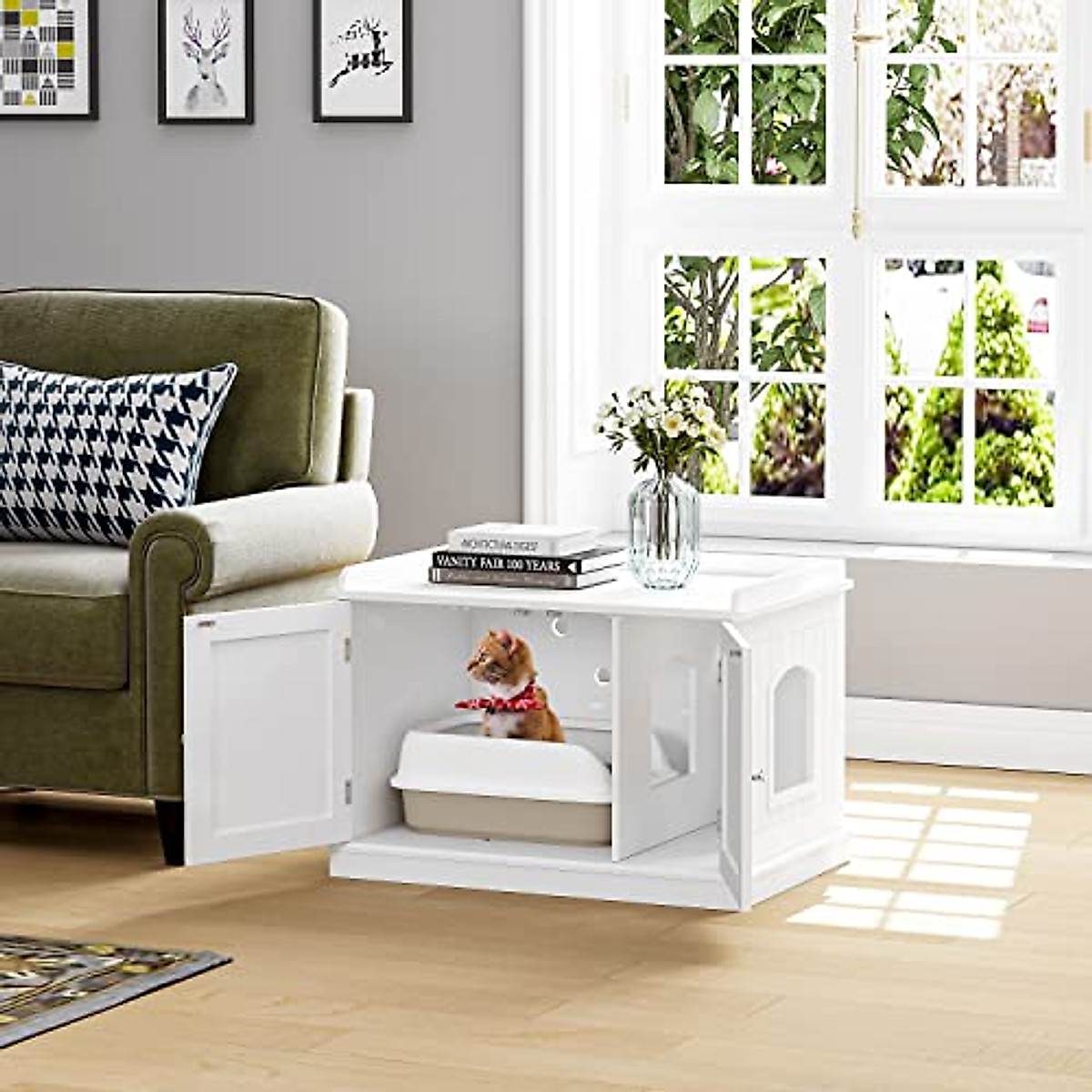 PAWLAND Cat Litter Box Enclosure, Litter Box Furniture Hidden, Indoor Cat Toilet House for Pet Cat, Cat House Side Table with Vent Holes, White