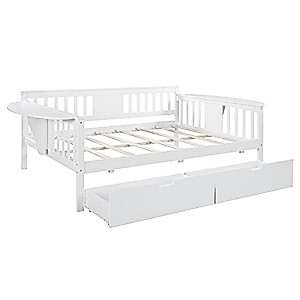 DNYN Full Size Daybed with Two Storage Drawers & Half-Moon Desk Design,Solid Pinewood Bedframe w/Safety Guardrails,Perfect for Dorm,Bedroom,Guest Room,Space-Saving,No Box Spring Needed, White