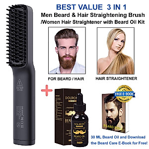 Beard Straightener, Heated Beard Brush with Beard Growth Oil Beard Straightening Brush Comb & Hair Beard Straightener Brush Heated Combs for Men Gifts for Dad Him Men