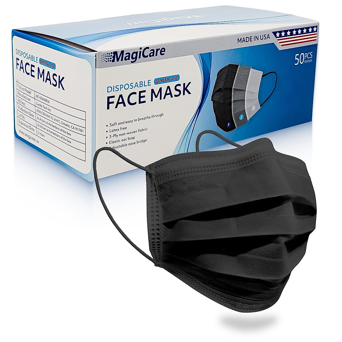 MagiCare Made in USA Masks - Black Face Masks Disposable - Premium 3 Ply Face Mask for Adults - Comfortable, Soft, Breathable - Black Face Masks Disposable Made in USA - 50ct Box