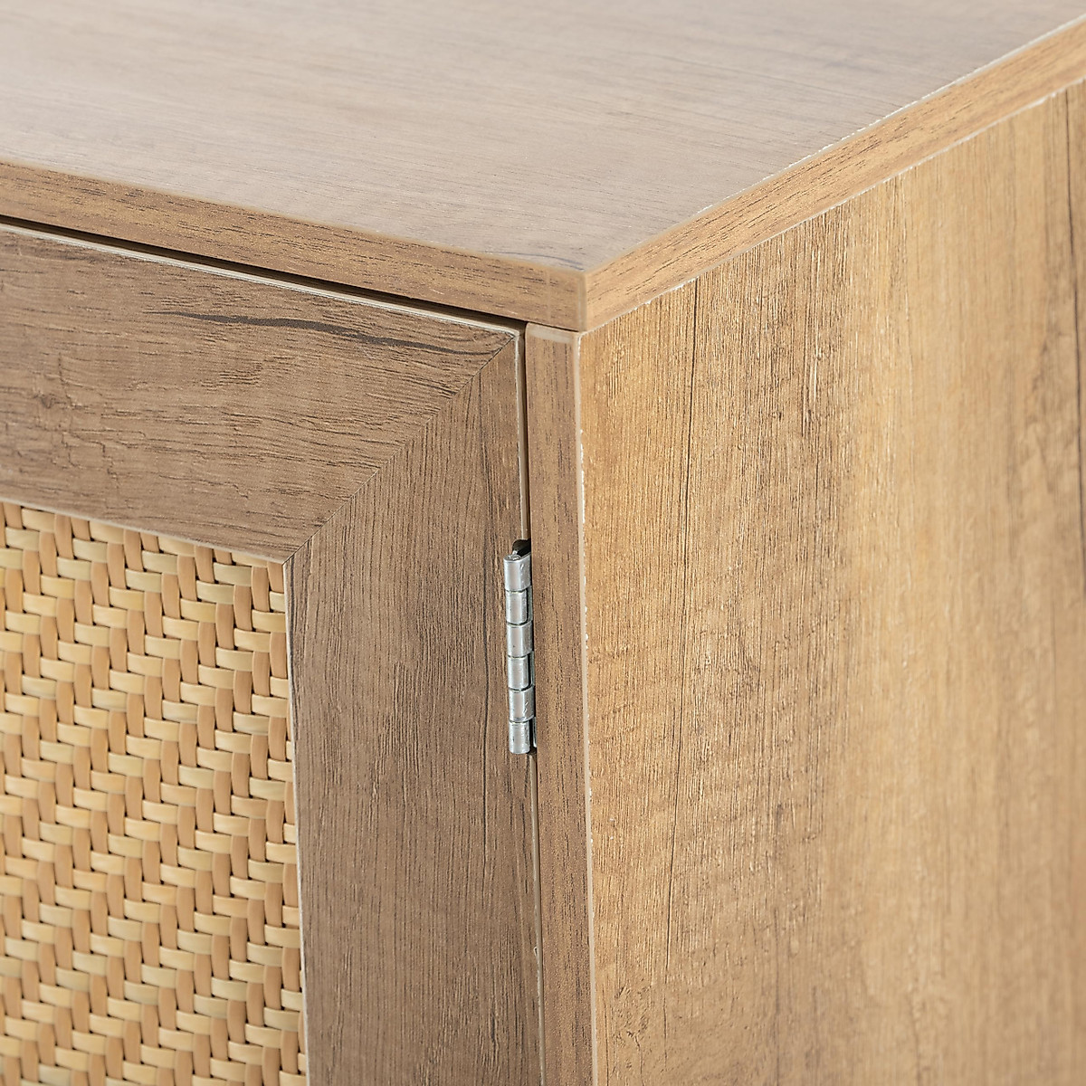 HESIEU Country Style Storage Cabinet with 2 Rattan Doors Natural Wood Sideboard Decorative Table Shoe Cabinet Office Cabinet with Metal Legs for Dining Room Kitchen Hallway Office