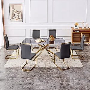 Baysitone Rectangular Glass Dining Table Set for 6, 71 inch Black Marble Polishing Dining Table with 4 Golden Coated Metal Legs, PU Faux Leather Chairs with Golden Metal Legs for Kitchen, Dark Gray