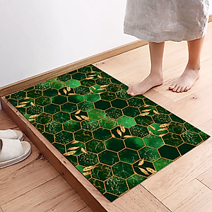 Abstract Marble Leaves Honeycomb Entrance Floor Mat Personalized Doormat Gold Green Welcome Door Mat Low Profile Non Slip Entry Rugs for Bathroom Kitchen Home Front Decor 18x30inch