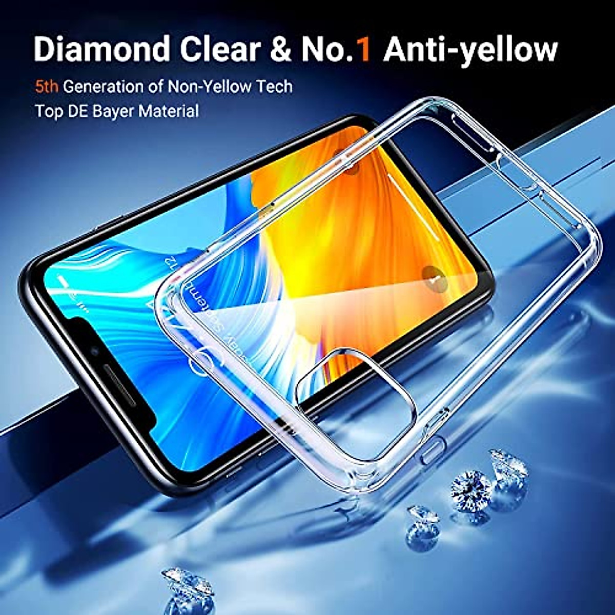TORRAS 𝟐𝟎𝟐𝟐 𝑼𝒑𝒈𝒓𝒂𝒅𝒆𝒅 Diamond Clear iPhone 11 Case, [Non-Yellowing] [8FT Military Drop Protective] Shockproof Hard PC Back + Soft Silicone Bumper, Ultra Slim iPhone 11 Phone Case, Clear