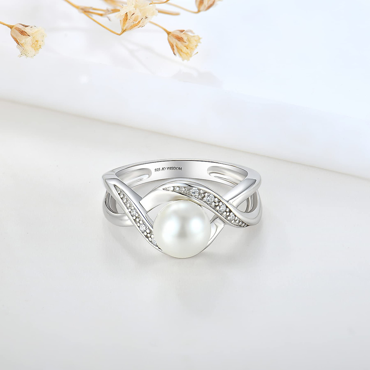 JO WISDOM Women Pearl Ring,925 Sterling Silver Cubic Zirconia Infinity Pearl Ring with 7mm Round White Pearl Ring size 8