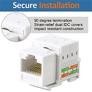 Hoteam 100 Pack Cat6 Cable RJ45 Keystone Jack UTP Modular Ethernet Jack Insert 90-Degree, Punch Down Keystone Jack Adapter for Secure Connection (White)