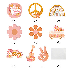 Kirako 45 Pcs Groovy Retro Hippie Cutouts Bulletin Board Decorations Set Pink 60’s Hippie Bus Peace Sign Daisy Flower Boho Rainbow Wall Decals for Classroom Nursery Baby Shower Girl’s Birthday Party
