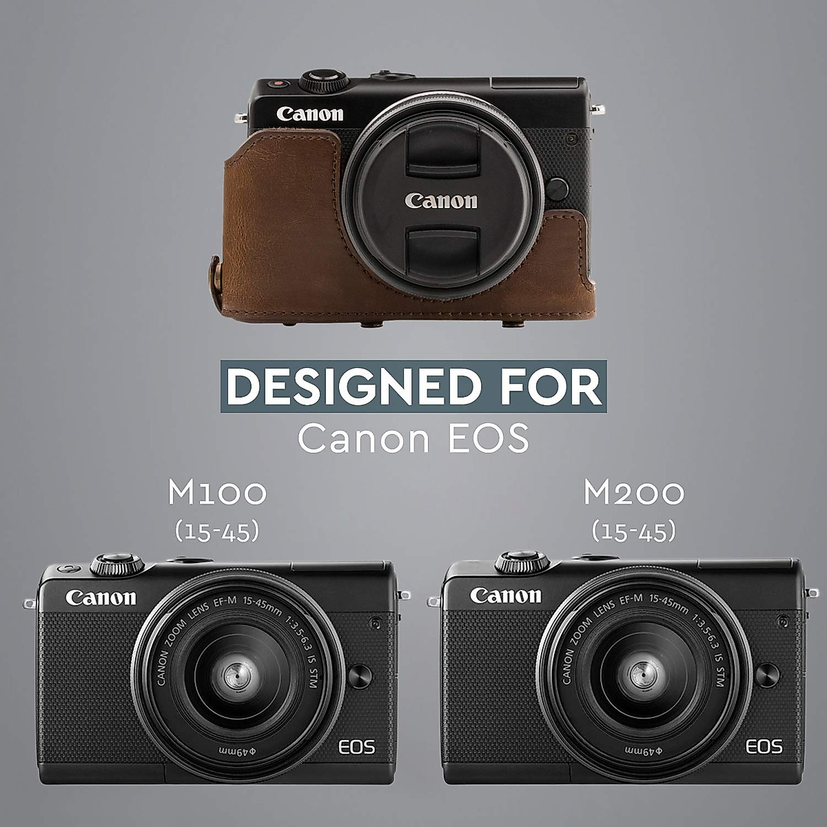 MegaGear Canon EOS M100, M200 (15-45mm) Ever Ready Leather Camera Case and Strap, with Battery Access - Dark Brown - MG1326