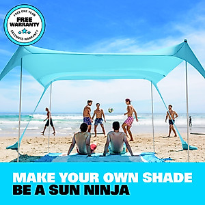 SUN NINJA Beach Tent Sun Shelter with UPF50+ Protection, Includes Sand Shovel, Ground Pegs and Stability Poles, Outdoor Pop Up Beach Shade Canopy for Camping, Fishing, Backyard Fun or Picnics