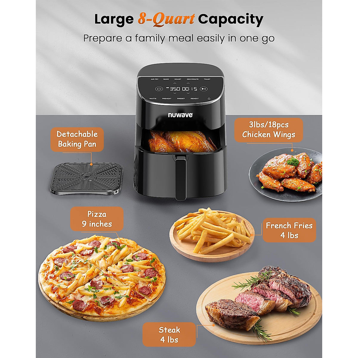 Nuwave Brio Plus Air Fryer 8 Qt, New & Improved, PFAS-FREE, 7 Digital One-Touch Cook Functions that AIR FRY, BAKE, ROAST, DEHYDRATE, TOAST, REHEAT, PREHEAT, 150 Presets, 50°F~400°F, 700/1500/1800W