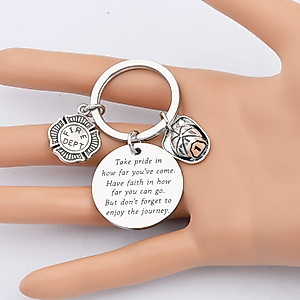 FUSTMW Firefighter Gifts Keychain Fireman Gifts Firefighter Graduation Gifts Take Pride in How Far You Have Come (silver)