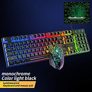 MAOSUO T6RGB Luminous Wired Gaming Keyboard and Mouse Set with Large Mouse Pad USB Colorful Backlit Easy-to-Operate Mechanical Feel Keyboard Accessories Kit for Laptop Computer Gamer Work