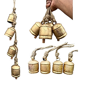 4 inch Giant Harmony Cow Bells Huge Vintage Handmade Rustic Lucky Christmas Hanging jingle bells (Country Rustic, Large) Set of 4 Handmade Bells with Jute Rope