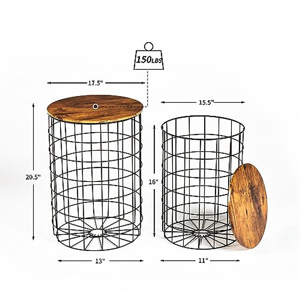 Jolydale Nesting End Table with Storage, Side Tables Wire Basket Table with Lid, Round End Table with Removeable Top and Steel Frame for Living Room, Bedroom, Office, (Brown)
