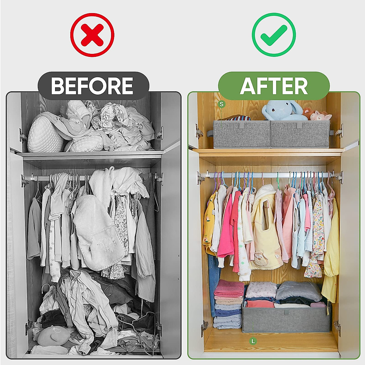 BALEINE 3 Pack Closet Storage Bins for Shelves, Trapezoid Clothing Organizer with Handles, Foldable Linen Fabric Box Containers for Home Bedroom Office, Winter Gray Small