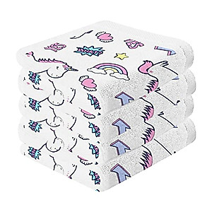 Kigai 100% Cotton Wash Cloths Set of 4 Packs - Interesting Unicorns Extra Absorbent Kitchen Dish Cloths - 12 x 12 Inches Reusable Soft Feel Towels for Face