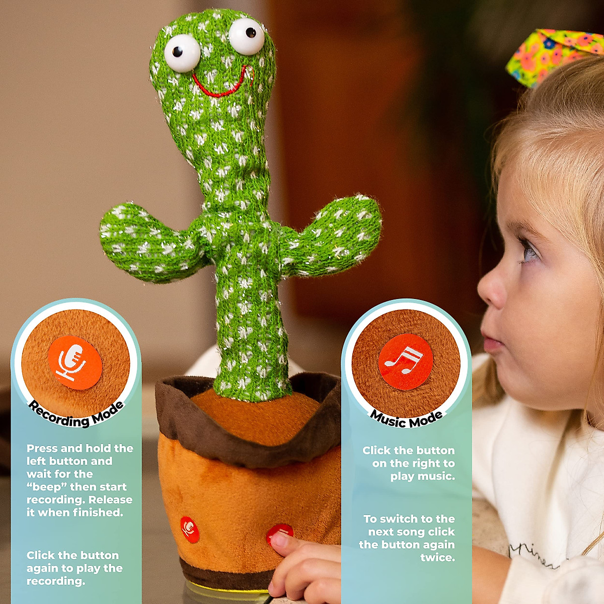 Chuchik Dancing Talking Cactus Toy for Babies - 60 Songs, 3 Changeable Outfits, Glowing LED Lights (1 Pack)