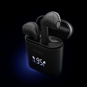 Coby True Wireless Earbuds with Charging Case, Wireless Bluetooth Earbuds, in Ear Headphones Wireless Bluetooth, Smart Battery Display, Built-in Microphone, Auto Pairing, 6.5 Hours Play, (Black)